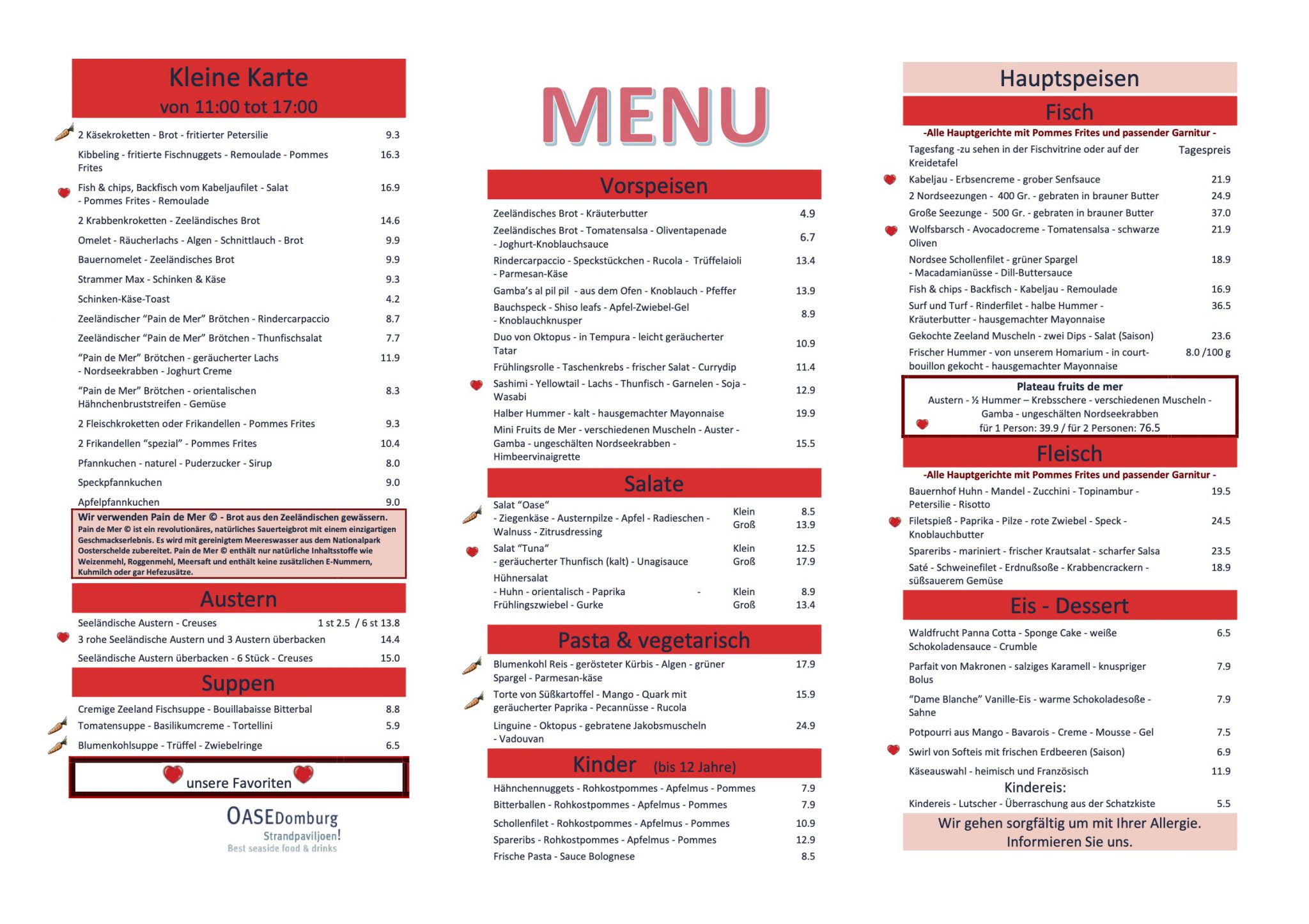 Menukaart - Strandpaviljoen Oase Domburg - Eten & Drinken op strnad!