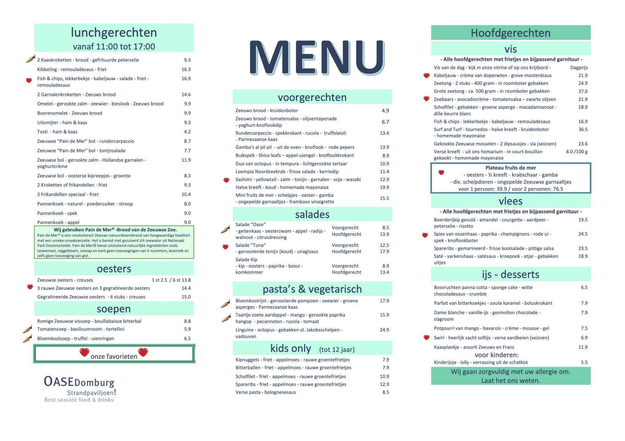 Menukaart - Strandpaviljoen Oase Domburg - Eten & Drinken op strnad!